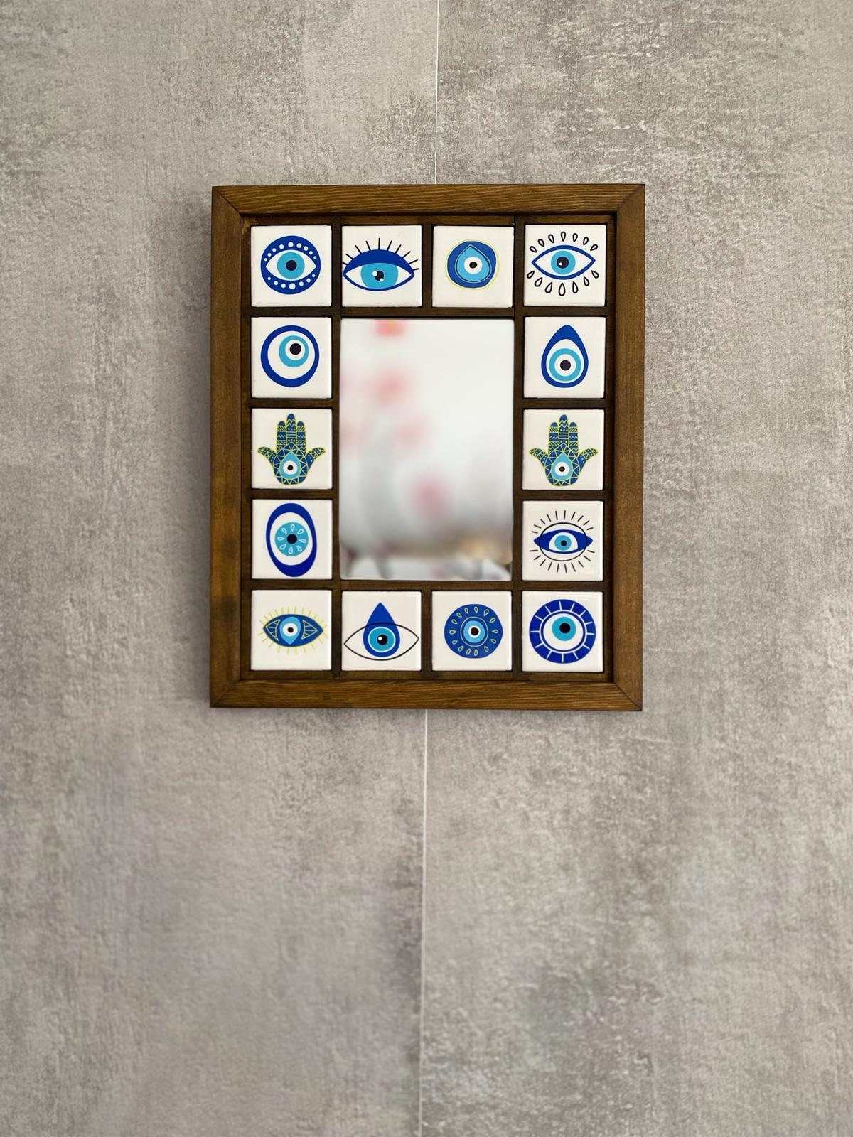 Wall Mounted Ceramic Tile Decoration & Wooden Frame Mirror, Evil Eye ...