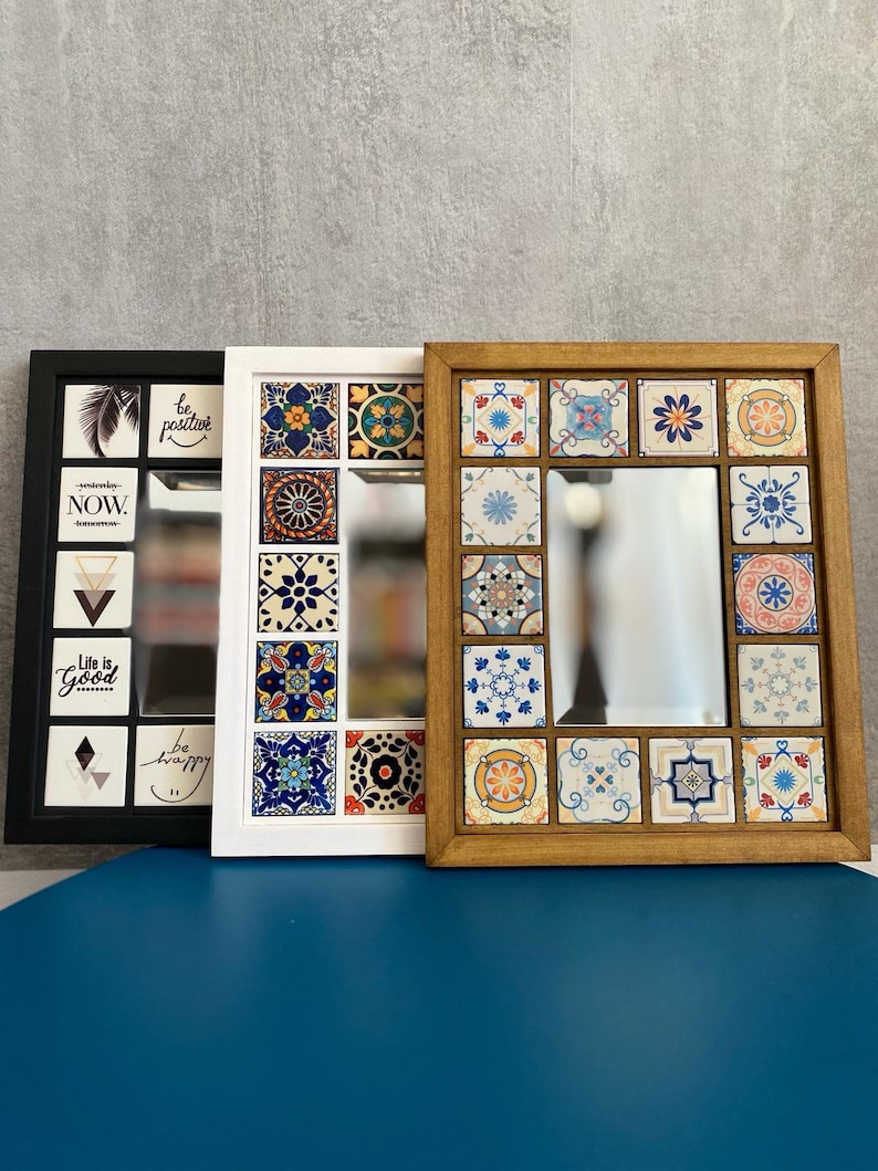 Wall Mounted Ceramic Tile & Wooden Frame Mirror, Handmade Mediterranean ...