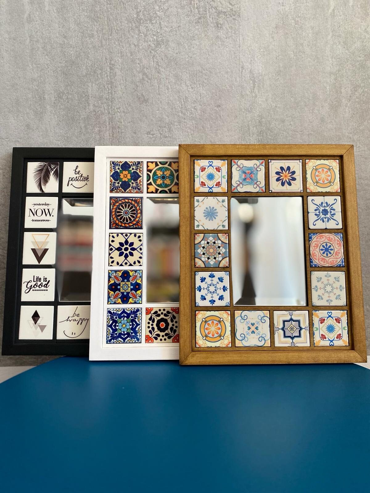 Wall Mounted Ceramic Tile & Wooden Frame Mirror, Handmade Mediterranean ...
