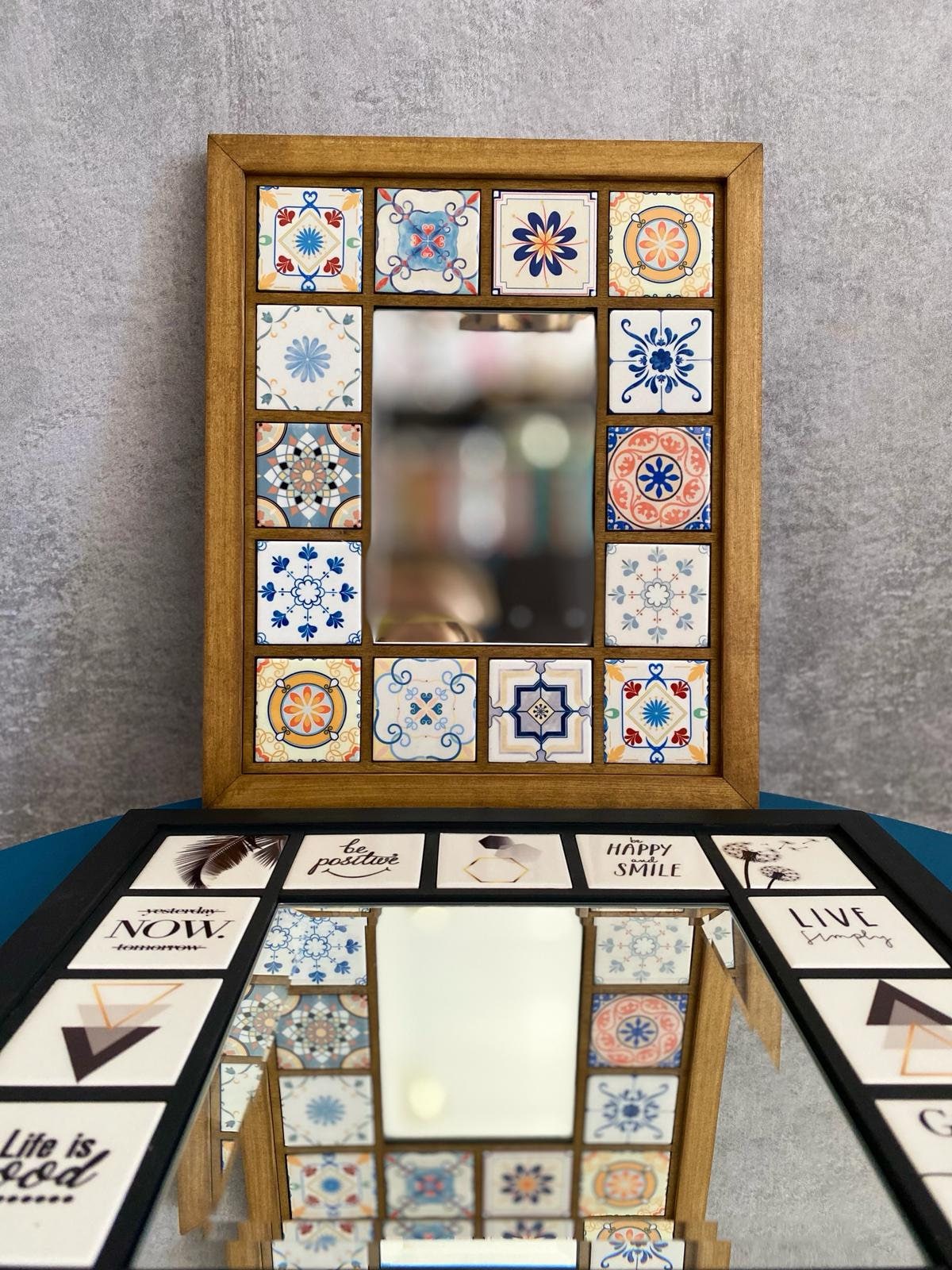 Wall Mounted Ceramic Tile & Wooden Frame Mirror, Handmade Mediterranean ...