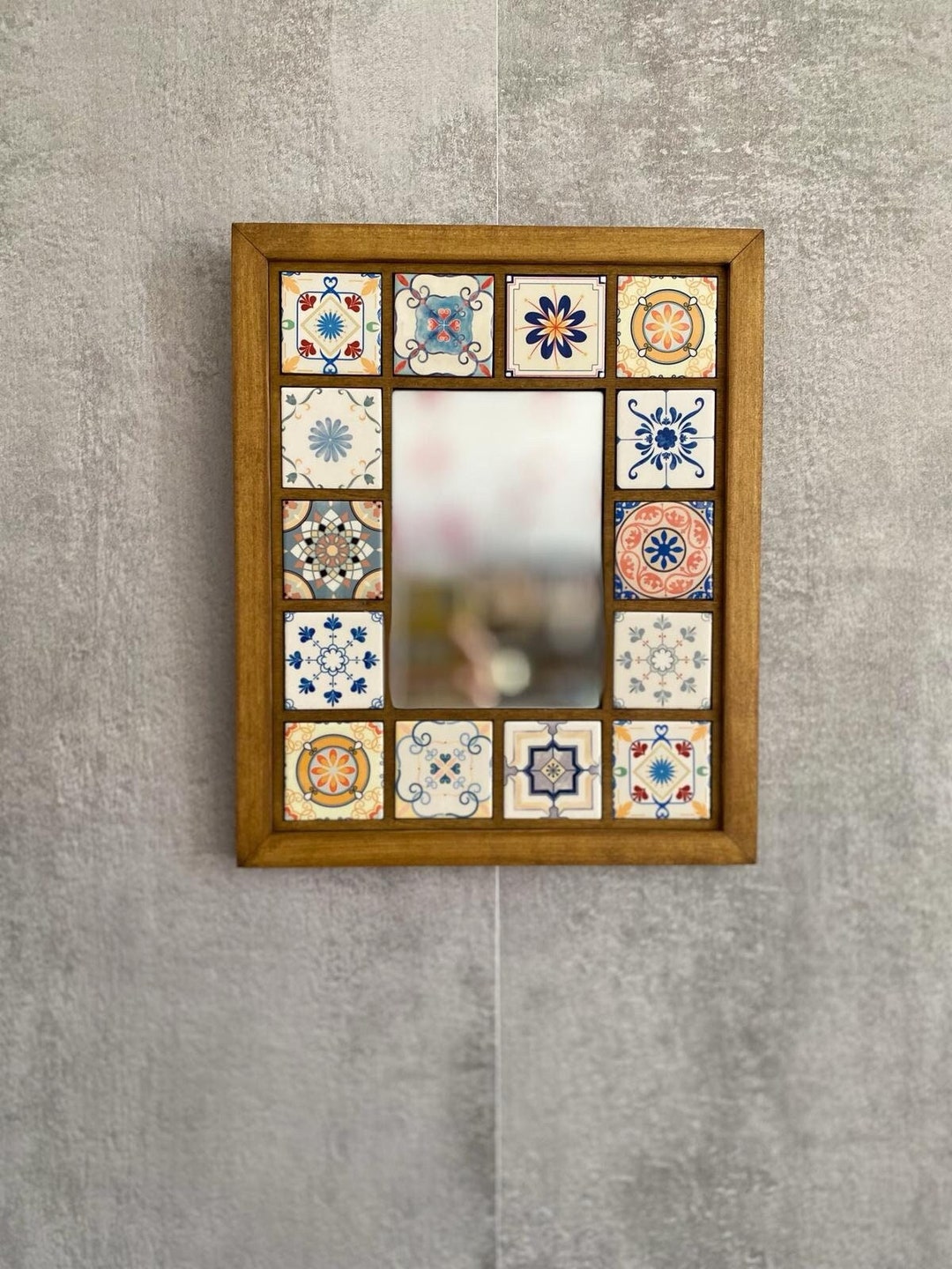 Wall Mounted Ceramic Tile & Wooden Frame Mirror, Handmade Mediterranean ...