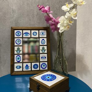 Wall Mounted Ceramic Tile Decoration & Wooden Frame Mirror, Evil Eye ...