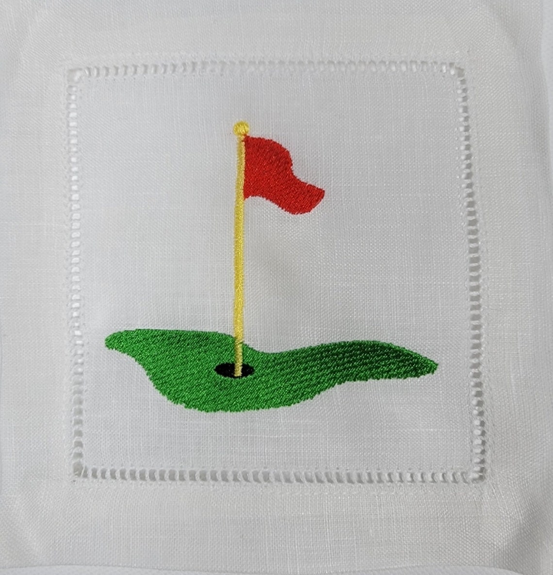 4 Embroidered Golf Themed Cocktail Napkins | Hemstitched Linen ...