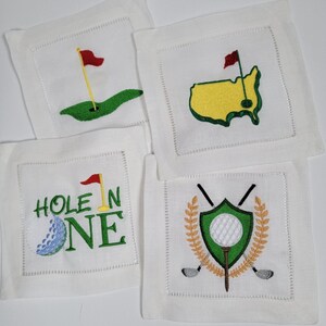 4 Embroidered Golf Themed Cocktail Napkins | Hemstitched Linen ...