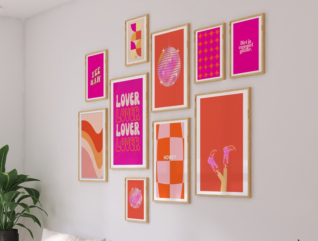 Orange Pink Prints Disco Ball Print Set Hot Pink Wall Art Preppy Wall ...
