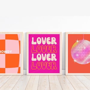 Orange Pink Prints Disco Ball Print Set Hot Pink Wall Art Preppy Wall ...