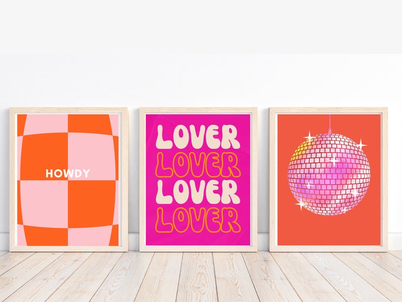 Orange Pink Prints Disco Ball Print Set Hot Pink Wall Art Preppy Wall ...