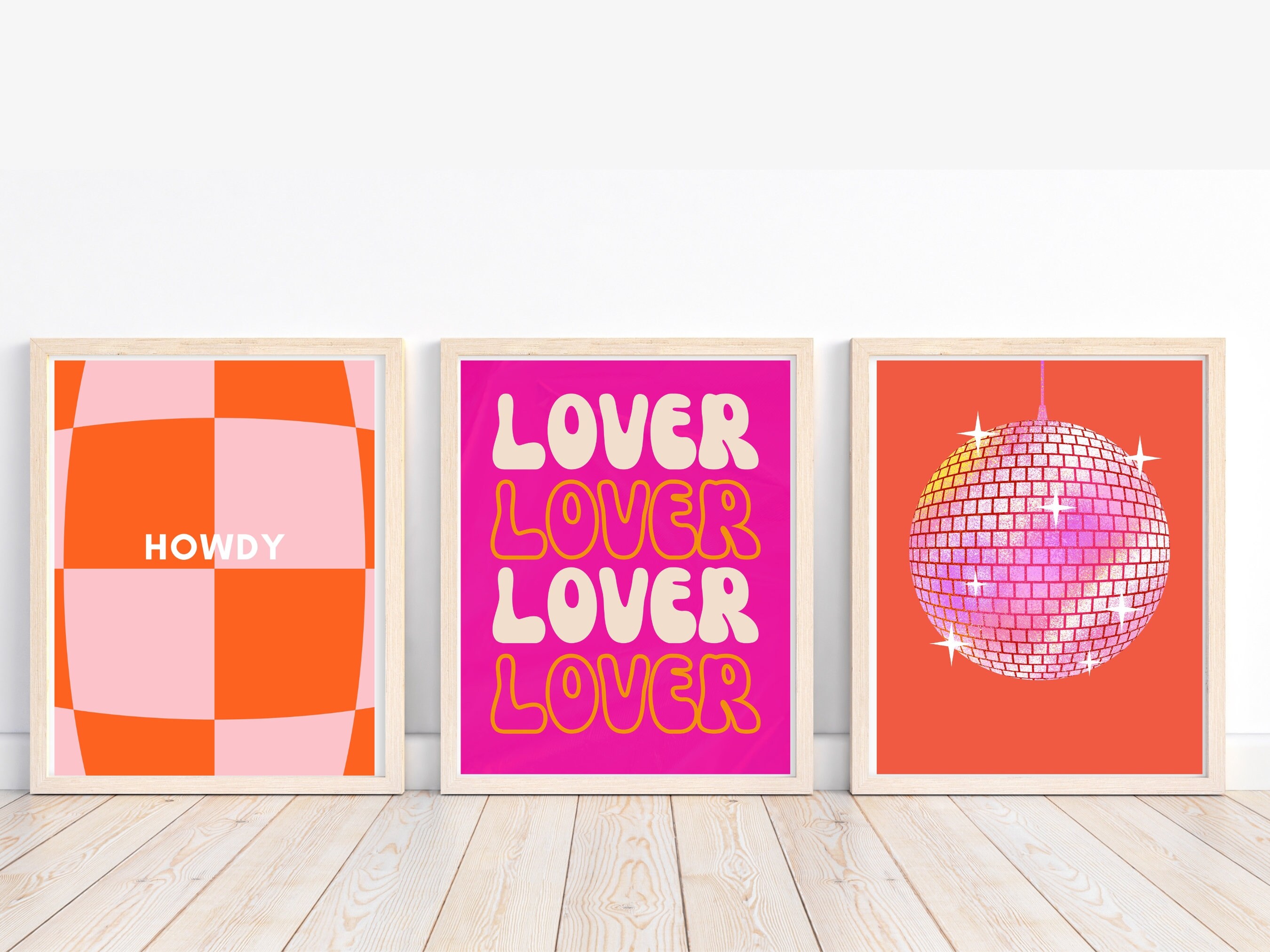 Orange Pink Prints Disco Ball Print Set Hot Pink Wall Art Preppy Wall ...