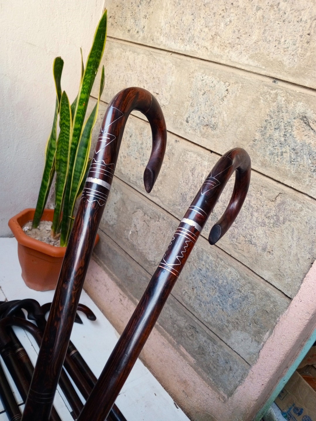 Ironwood and Steel Walking Stick/cane With Inlaid Brass Decor / - Etsy