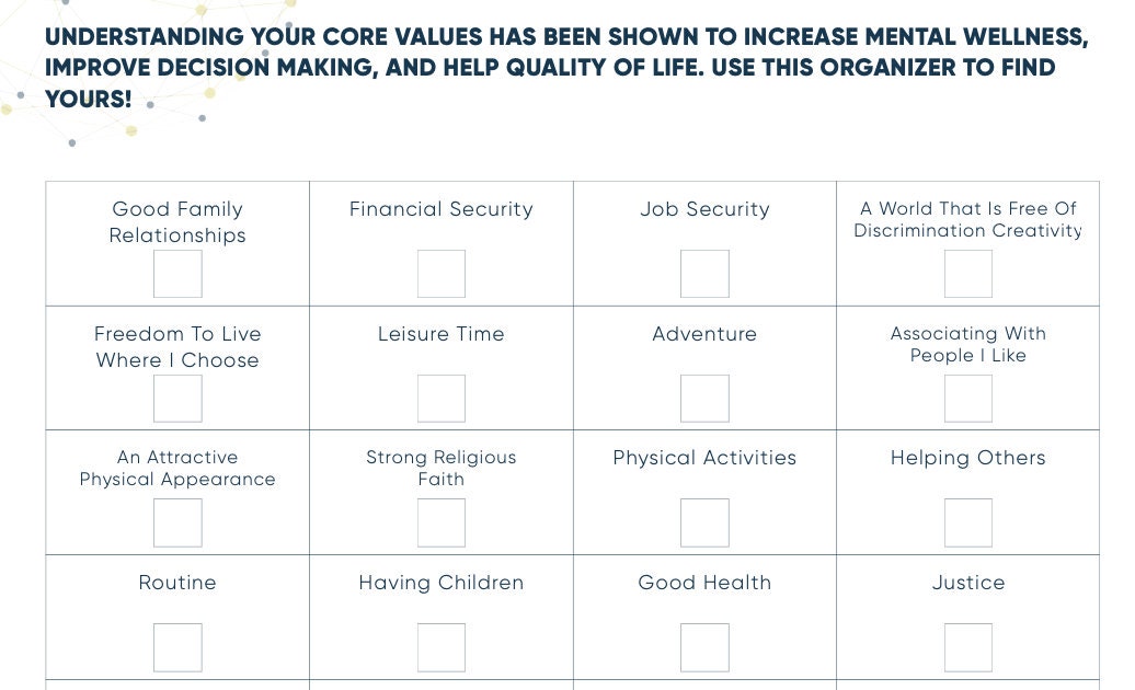 Core Values Organizer Personal Growth Planner for (Instant Download) - Etsy