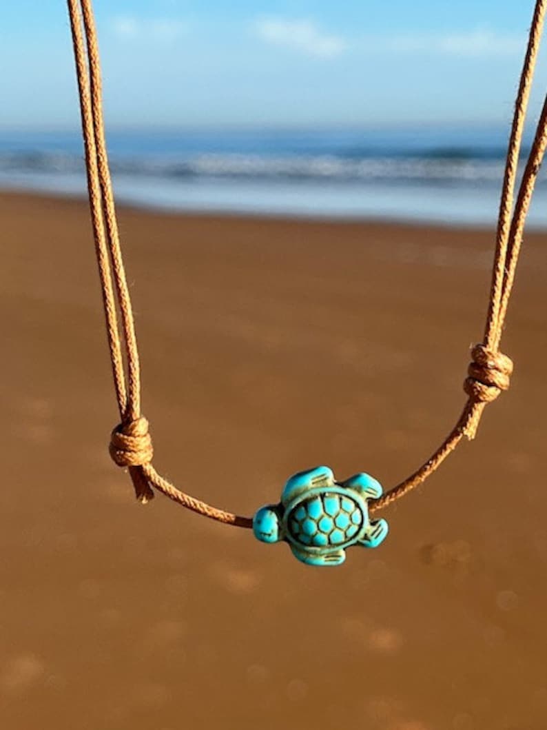 Turquoise Sea Turtle Choker – Vegan Wax Cord, Boho Beach Necklace - Etsy