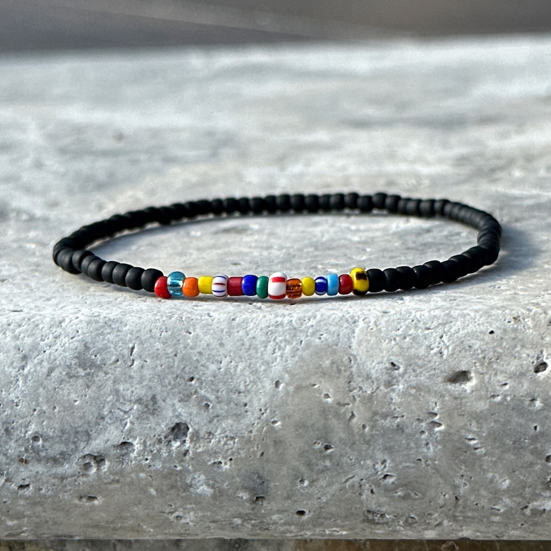 Mens Matte Black Beaded Bracelet, Colorful African Trade Beads - Etsy