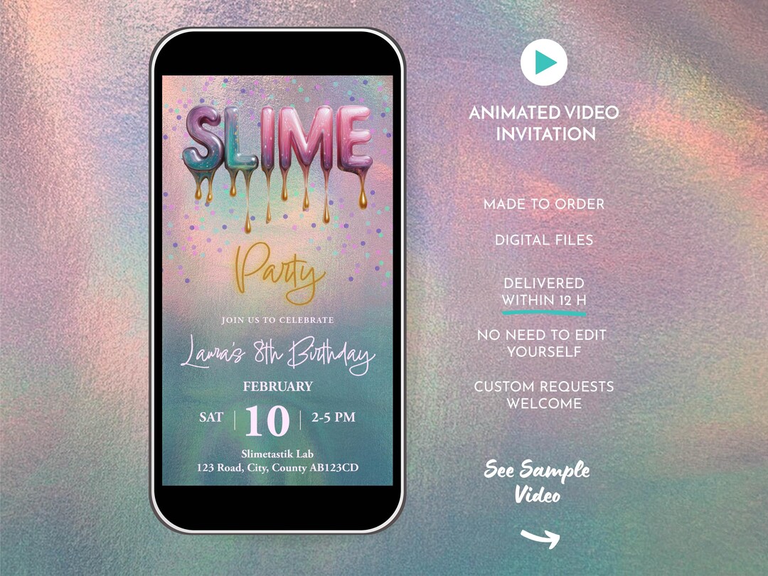 Slime Animated Birthday Party Invite: Rainbow Glitter Evite (made to ...
