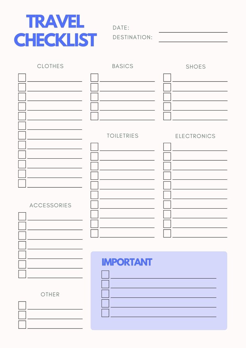 Printable Travel Packing List - Travel Checklist, Clothing, Shoes ...