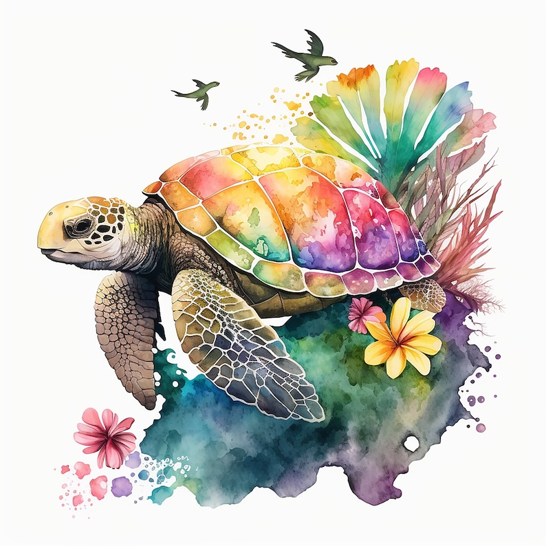 21 Rainbow Watercolor Sea Turtles, Sea Creatures Png WHITE BACKGROUND ...