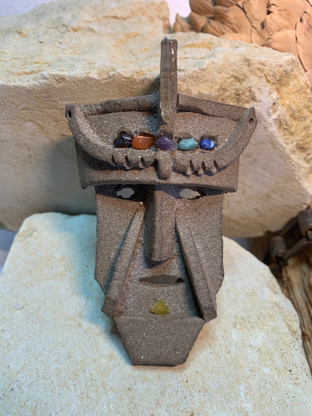 Tibruk - Ceramic Shaman Mask With Essential Chakra Crystals - for ...