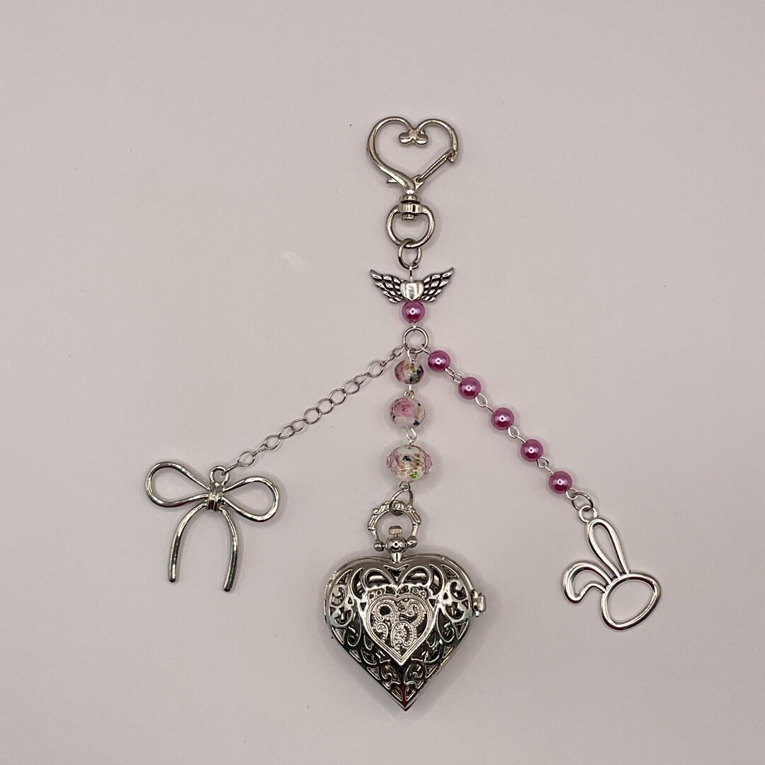 Coquette Clock, Bow & Silver Bunny Rabbit Handmade Keychain - Etsy