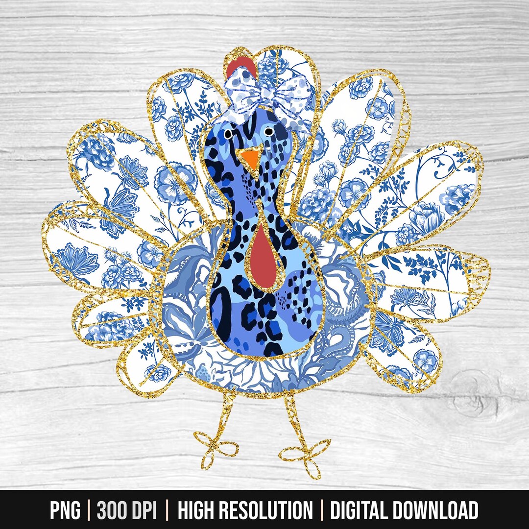 Cute Girl Turkey Bow Blue Floral Toile Thanksgiving Fall Printable Clip ...