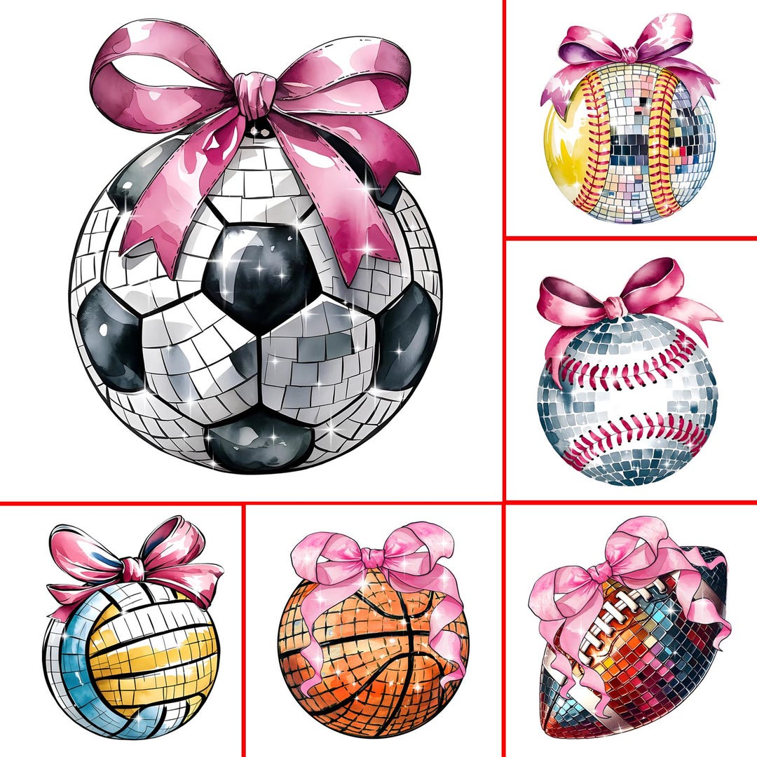Disco Sports Balls With Coquette Pink Bow Clip Art BUNDLE Pngglitz ...
