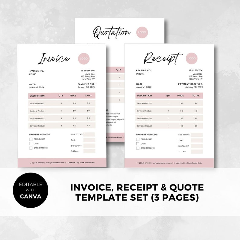 Invoice, Receipt & Quote Template Set | Editable in Canva | Small ...