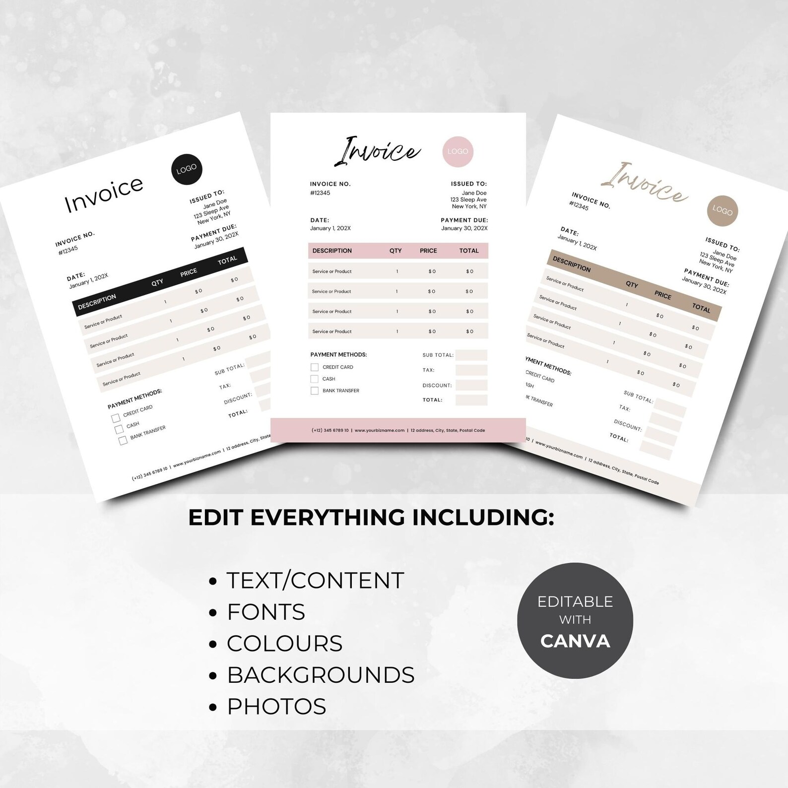 Invoice, Receipt & Quote Template Set | Editable in Canva | Custom ...