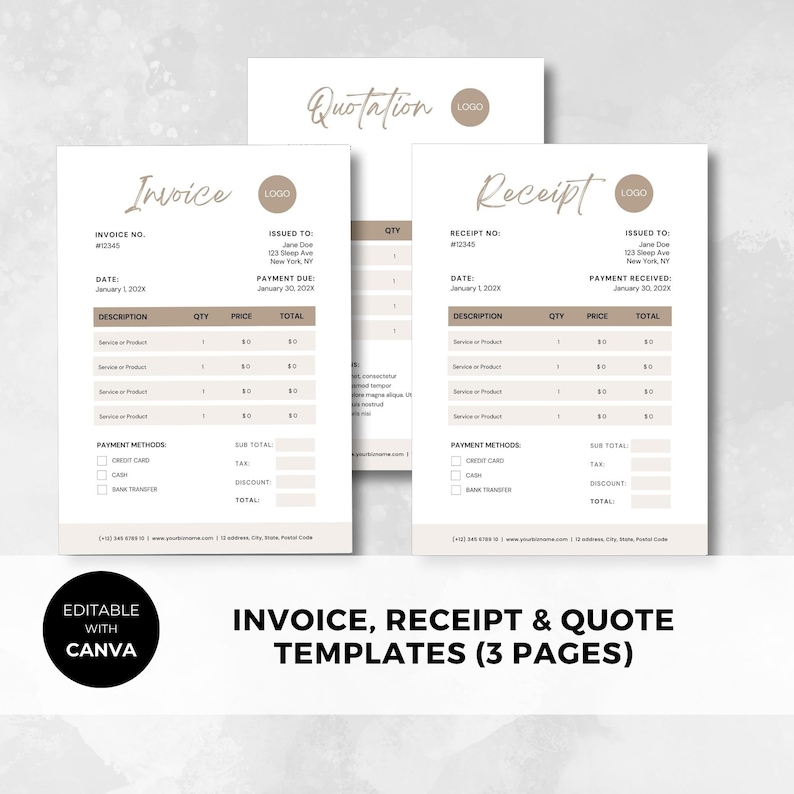 Invoice, Receipt & Quote Template Set | Editable in Canva | Custom ...