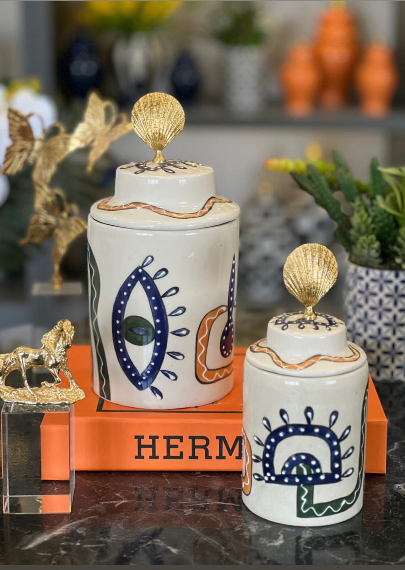 Ginger Jar Set of 2, Ceramic Jar, Jar With Lid, Red Ginger Jar, Olive ...