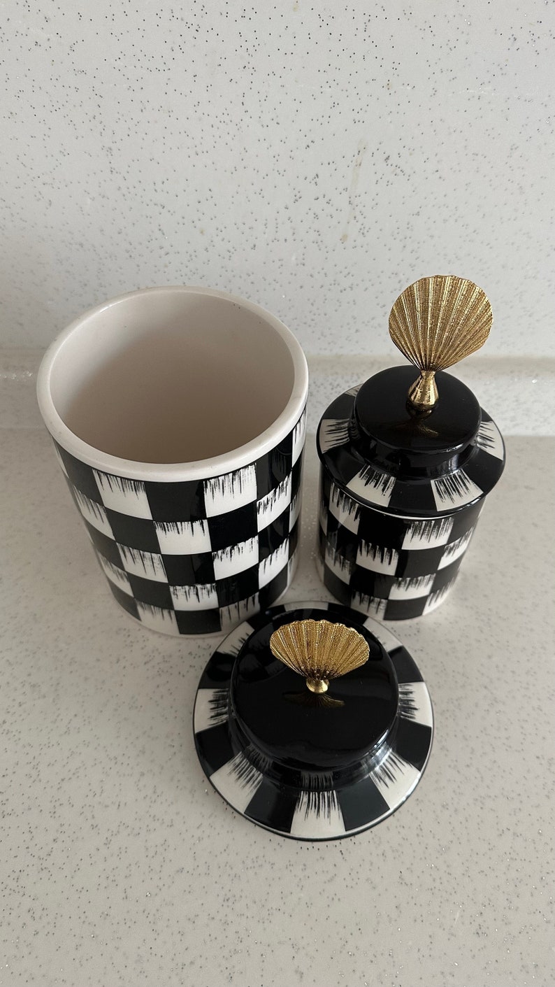 Checkered Ginger Jar, Ceramic Jar Set of 2, Jar With Lid, Red Ginger ...