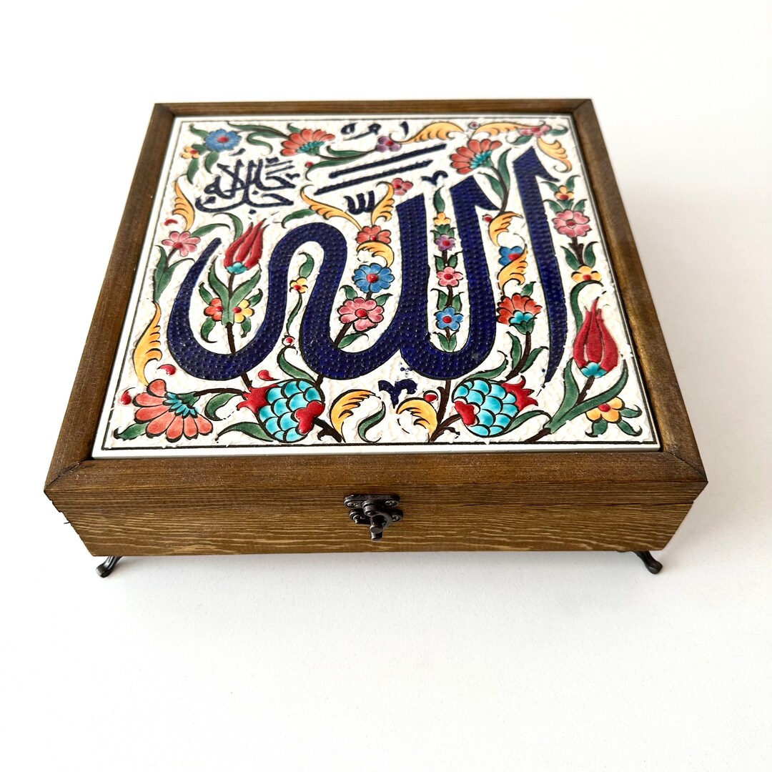 Wooden Jewelry Box With Tile Allah Islamic Tile Square Large Box With ...