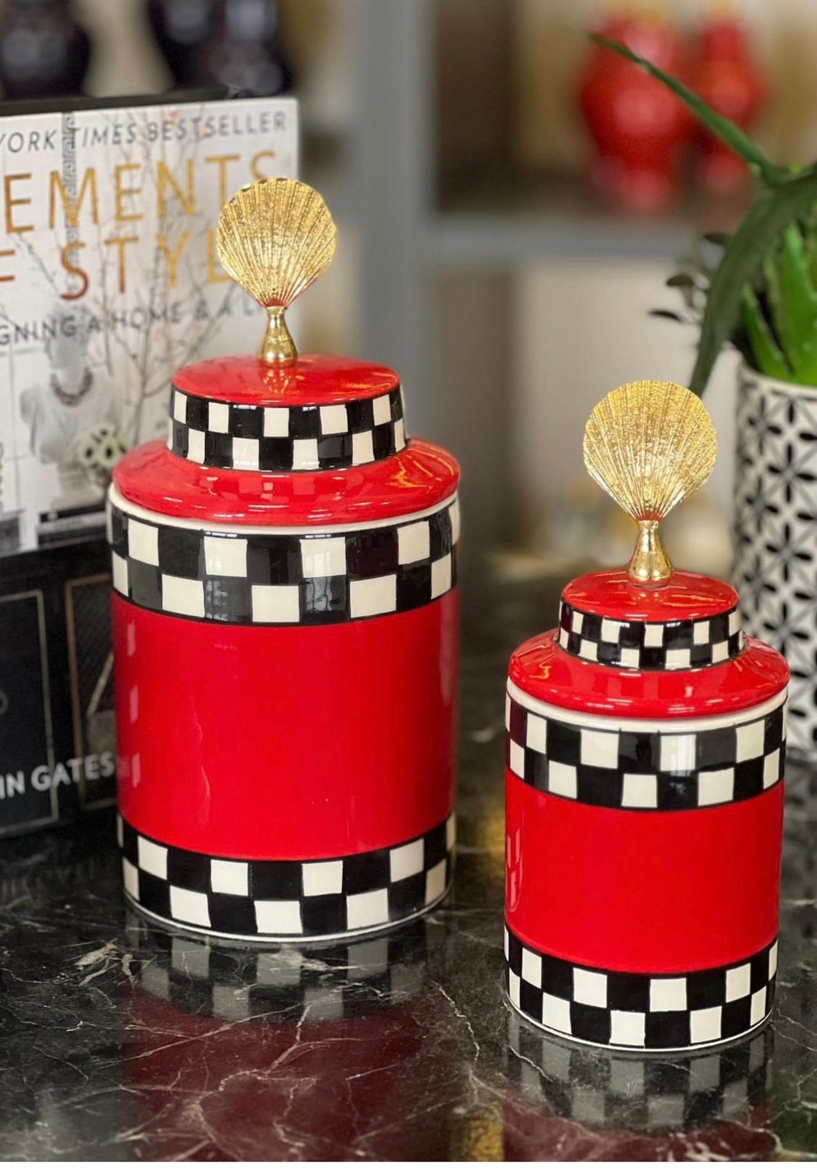 Ginger Jar Set of 2, Ceramic Jar, Jar With Lid, Red Ginger Jar, Olive ...