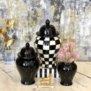 Black and White Checkered Ginger Jar Set , Ceramic Checkered Vase With ...