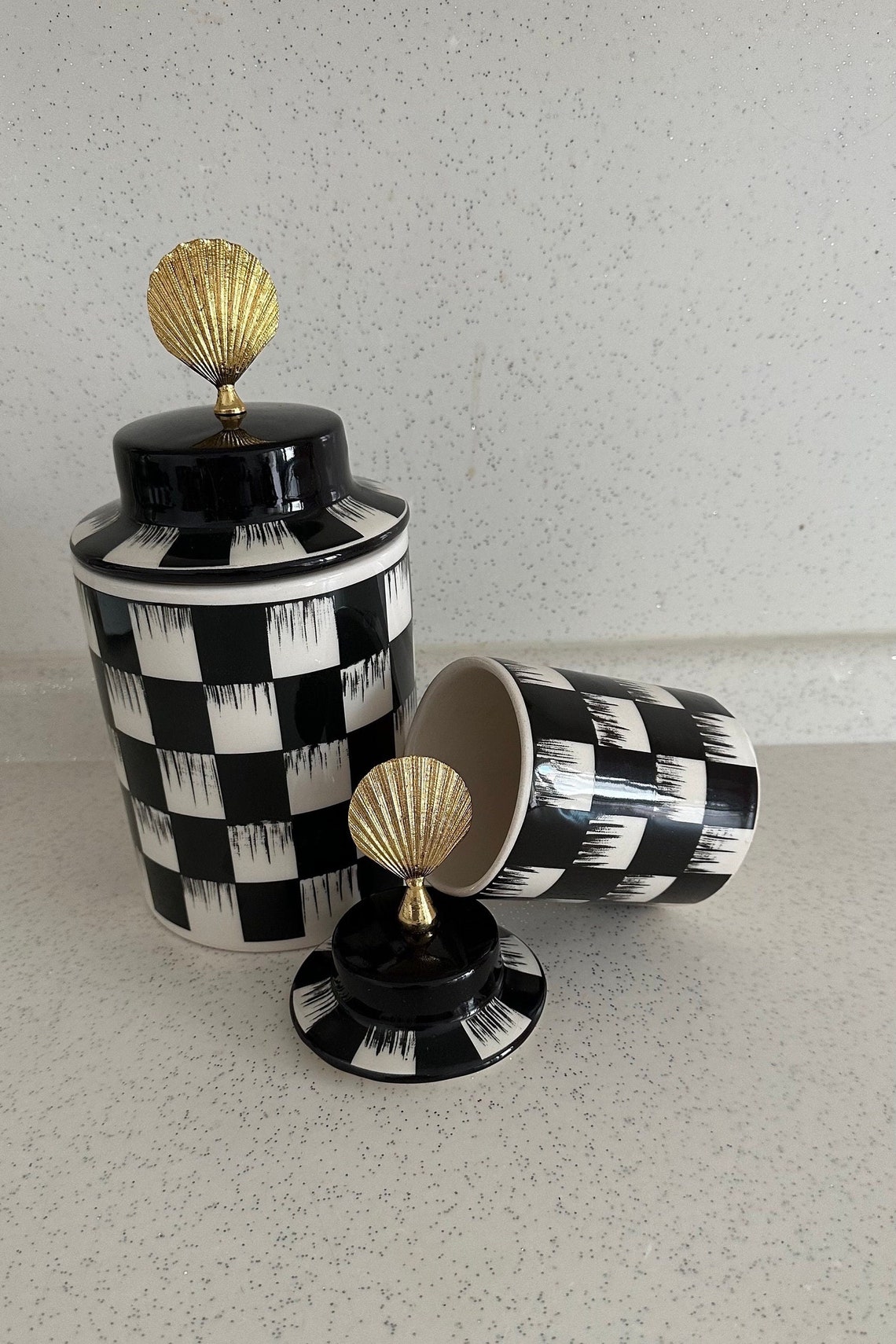 Checkered Ginger Jar, Ceramic Jar Set of 2, Jar With Lid, Red Ginger ...