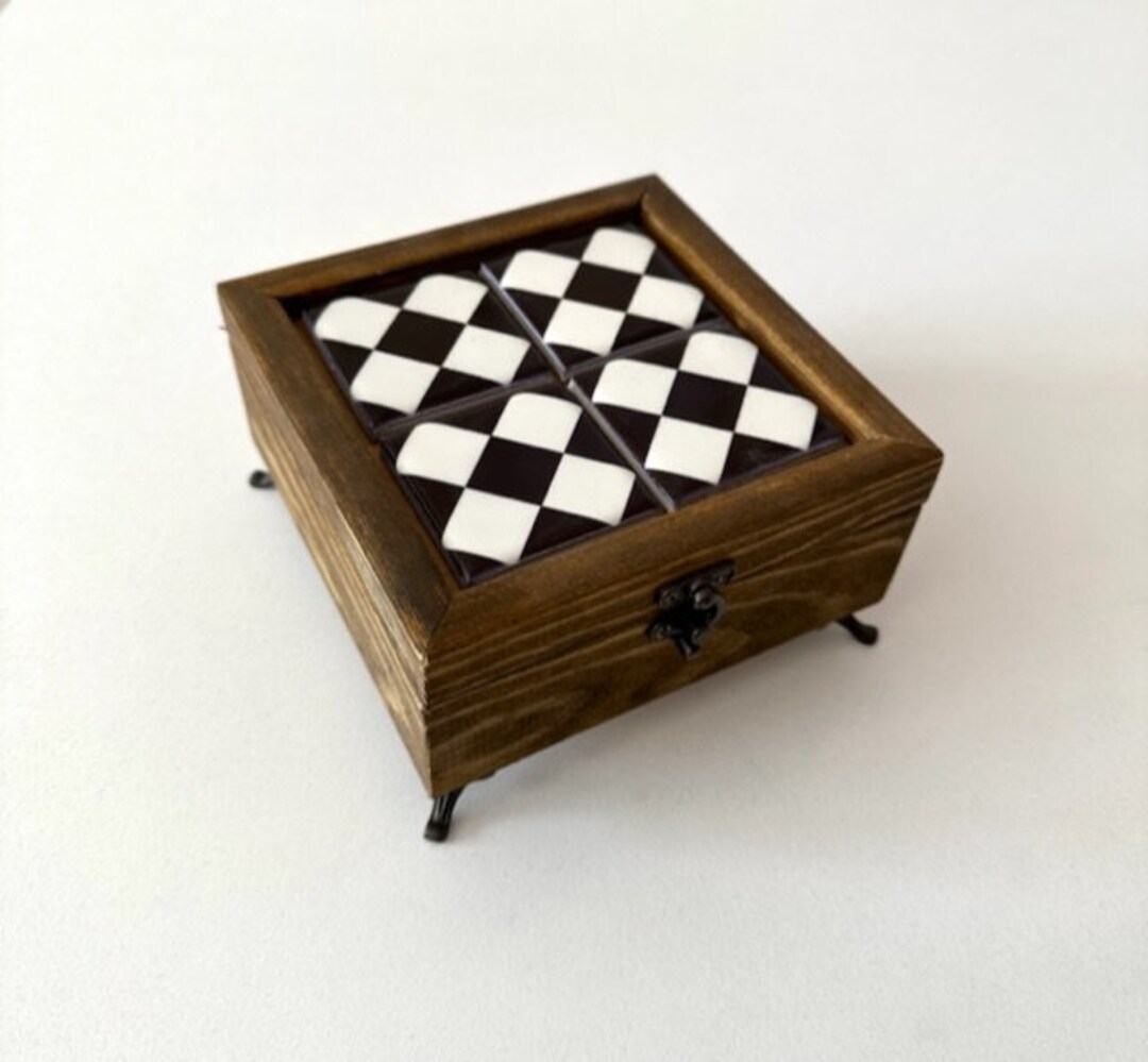 Wooden Box, Checkered Ceramic Tile, Black and White Tile, Jewelry Box ...