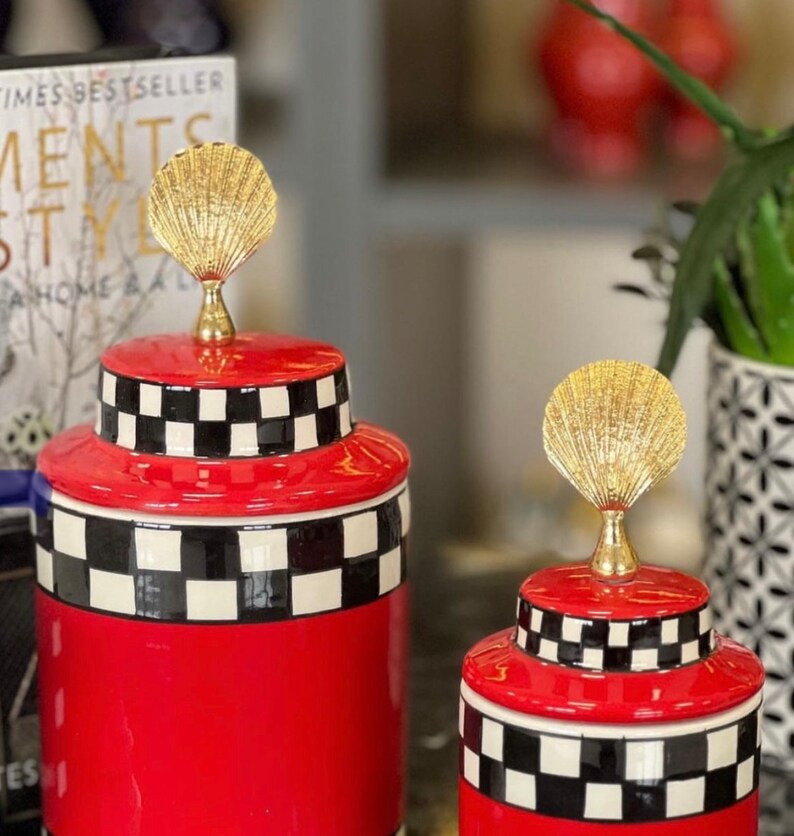 Ginger Jar Set of 2, Ceramic Jar, Jar With Lid, Red Ginger Jar, Olive ...