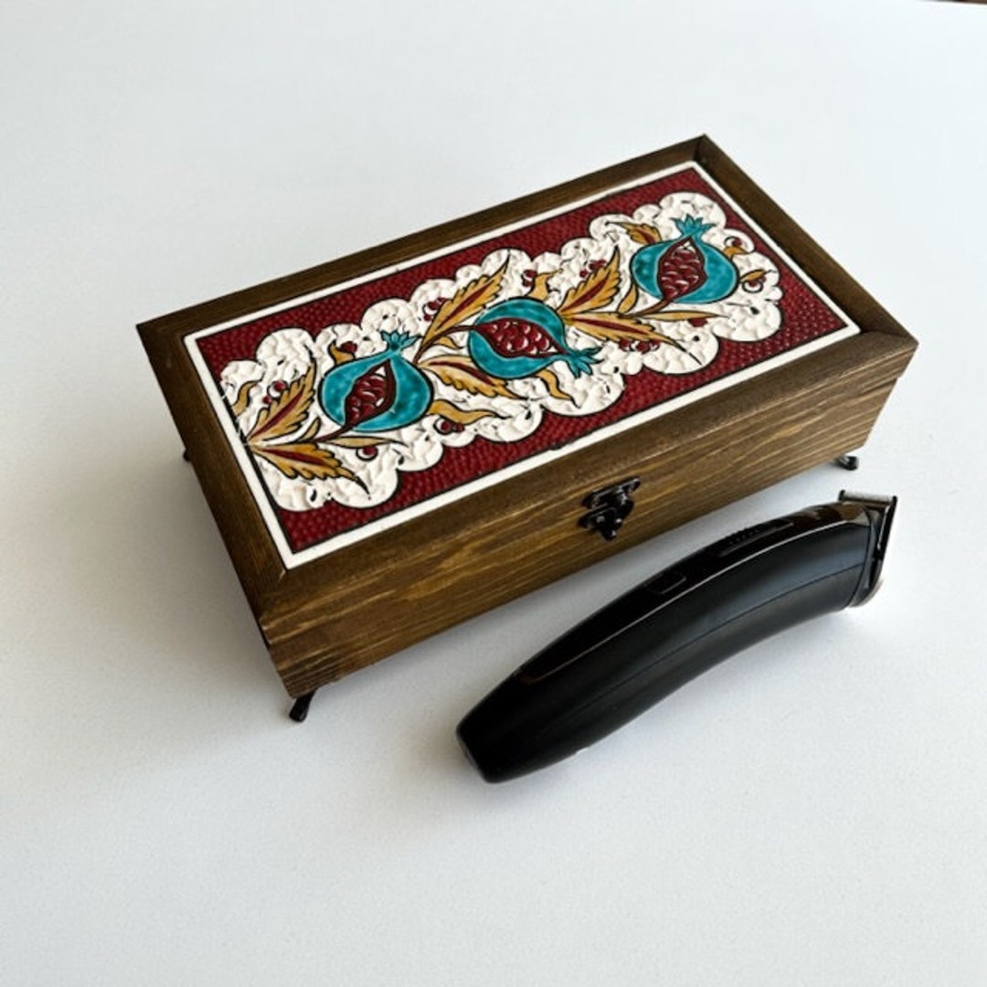 Wooden Jewelry Box With Tile Pattern Large Box With Velvet Lining ...