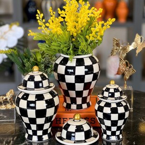 Black and White Checkered Ginger Jar Set , Ceramic Checkered Vase With ...