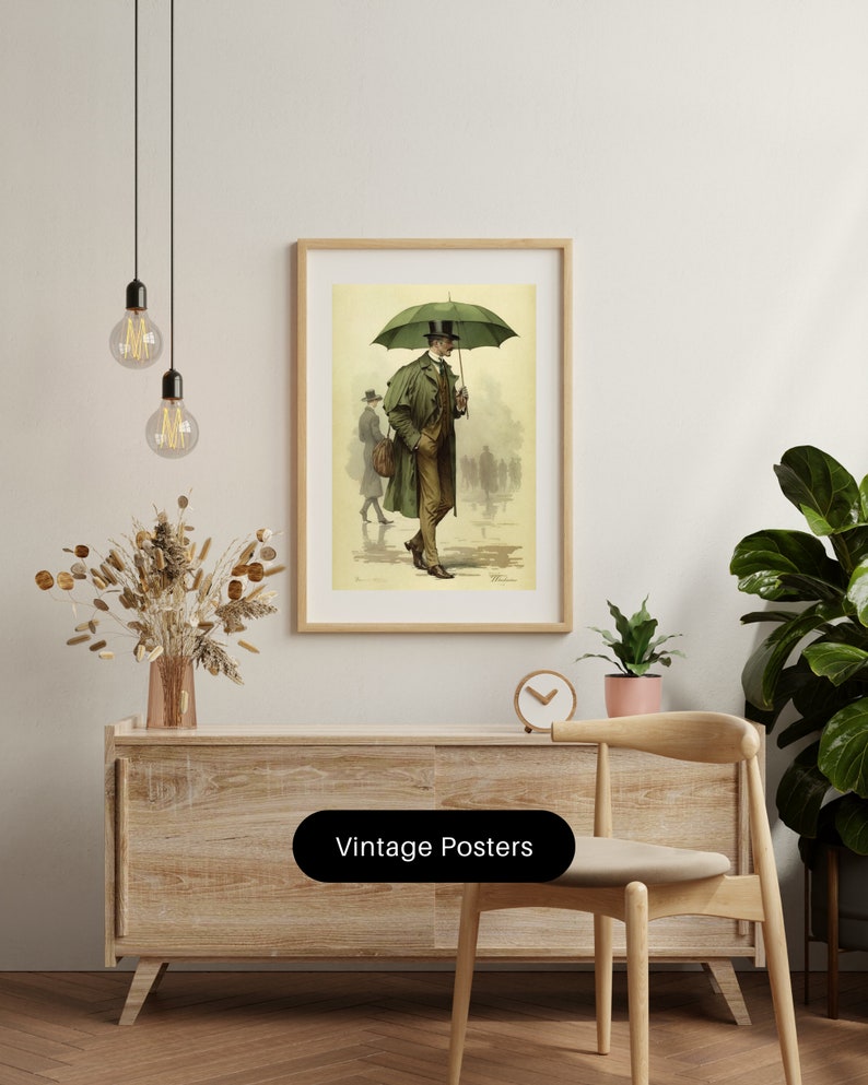 Digital Download Print "gentleman's Rainy Commute" in Green, Vintage ...