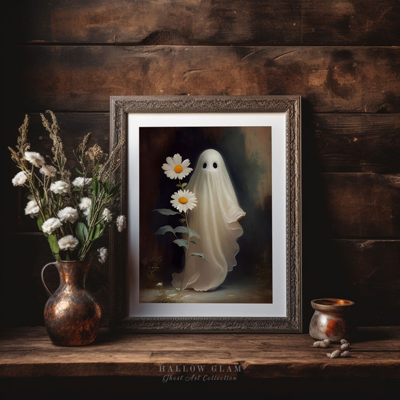 Ghost With Daisies, Gothic Floral Ghost, Art Poster Print, Vintage ...