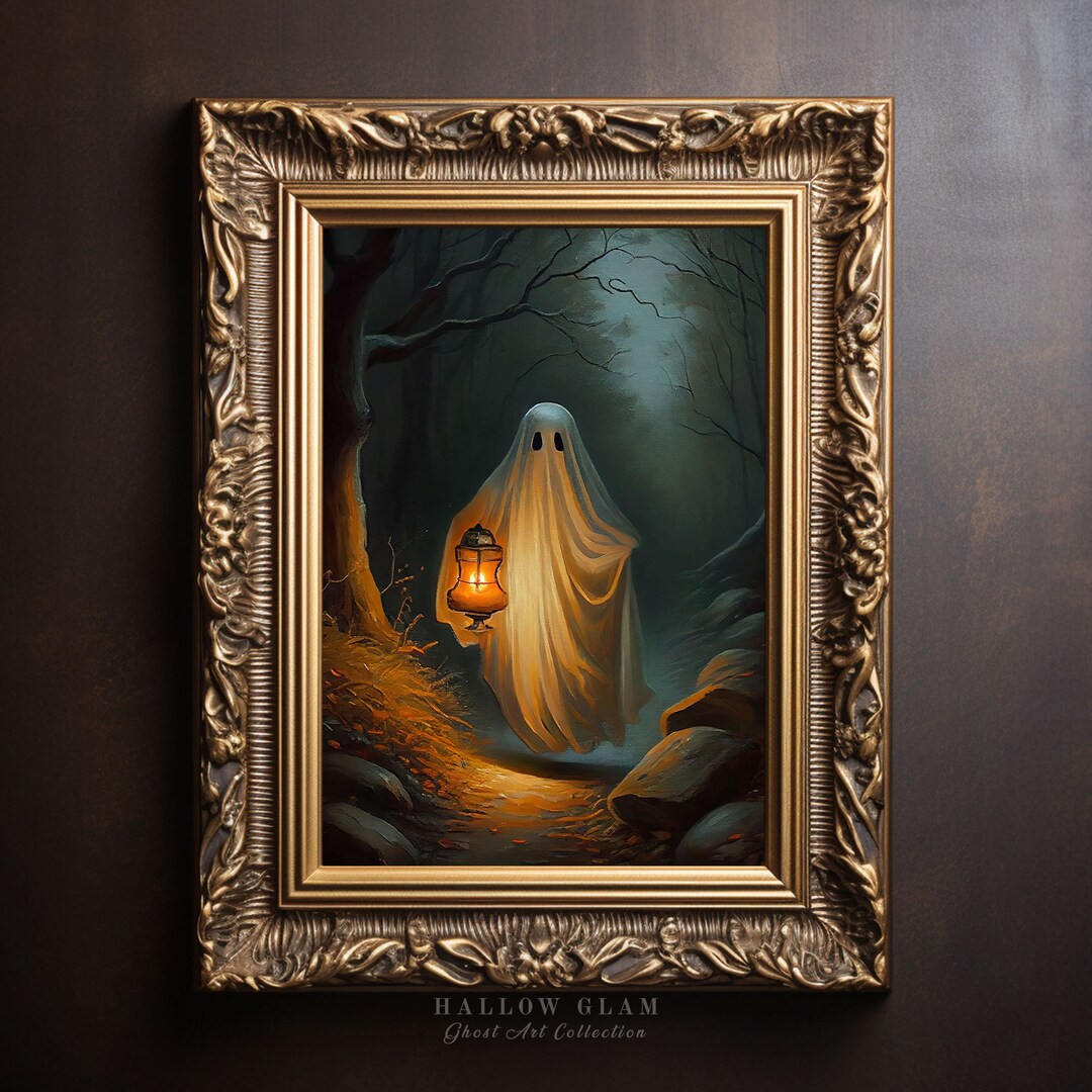 Ghost Walking on Forest Path With Kerosene Lamp, Halloween Art, Vintage ...