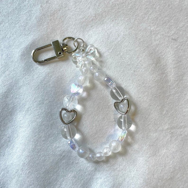 Cute Kawaii Pretty Beaded Keychain Iridescent Heart Bow Bag Phone Charm ...