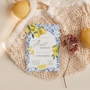 Lemon Capri Style Bridal Shower Invitation, Mediterranean Blue Tile ...