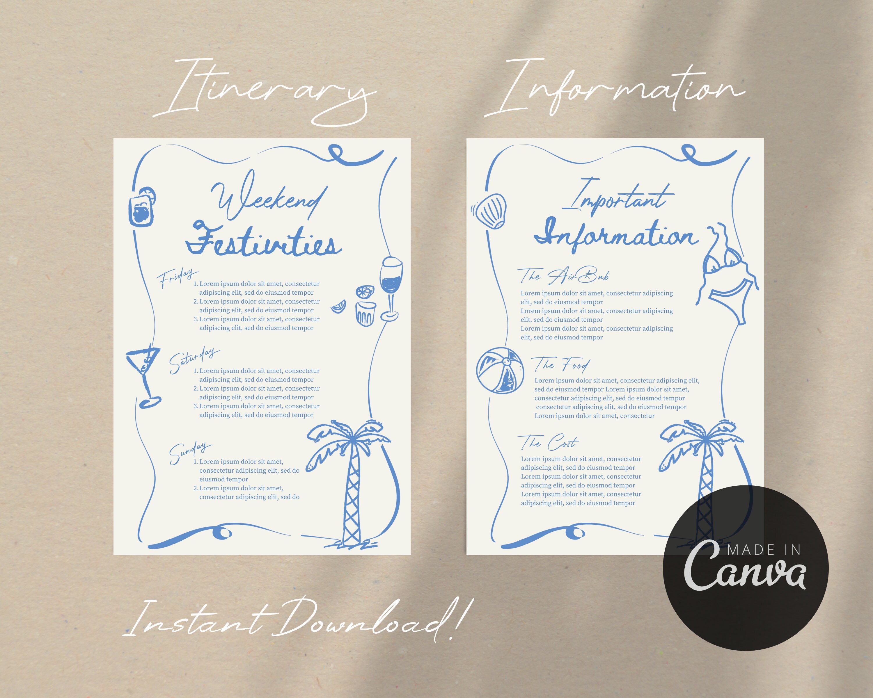 Hand-drawn Birthday Weekend Bundle, Editable Invitation, Itinerary ...