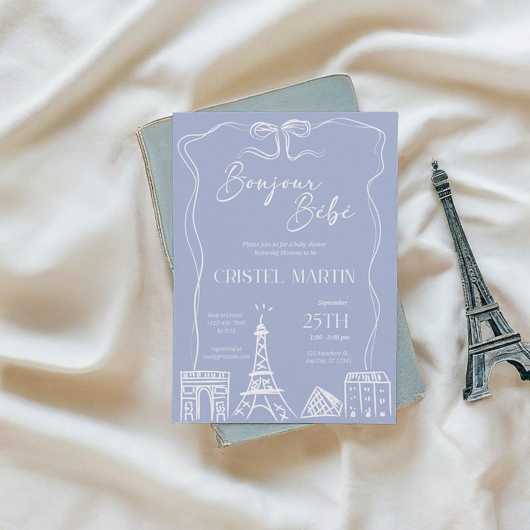 Bonjour Bebe Baby Shower Invitation, Hand Drawn French Themed Invite ...