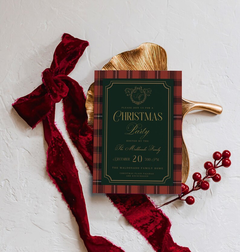 Old Money Christmas Party Invitation, Tartan Plaid Holiday Invite ...