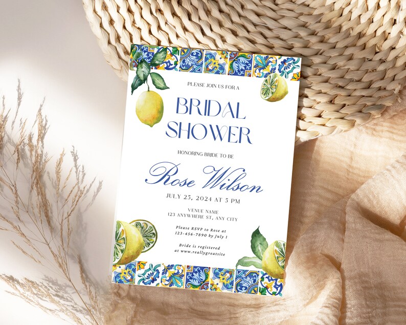 Lemon Capri Bridal Shower Invitation, Editable Italian Citrus Invite ...