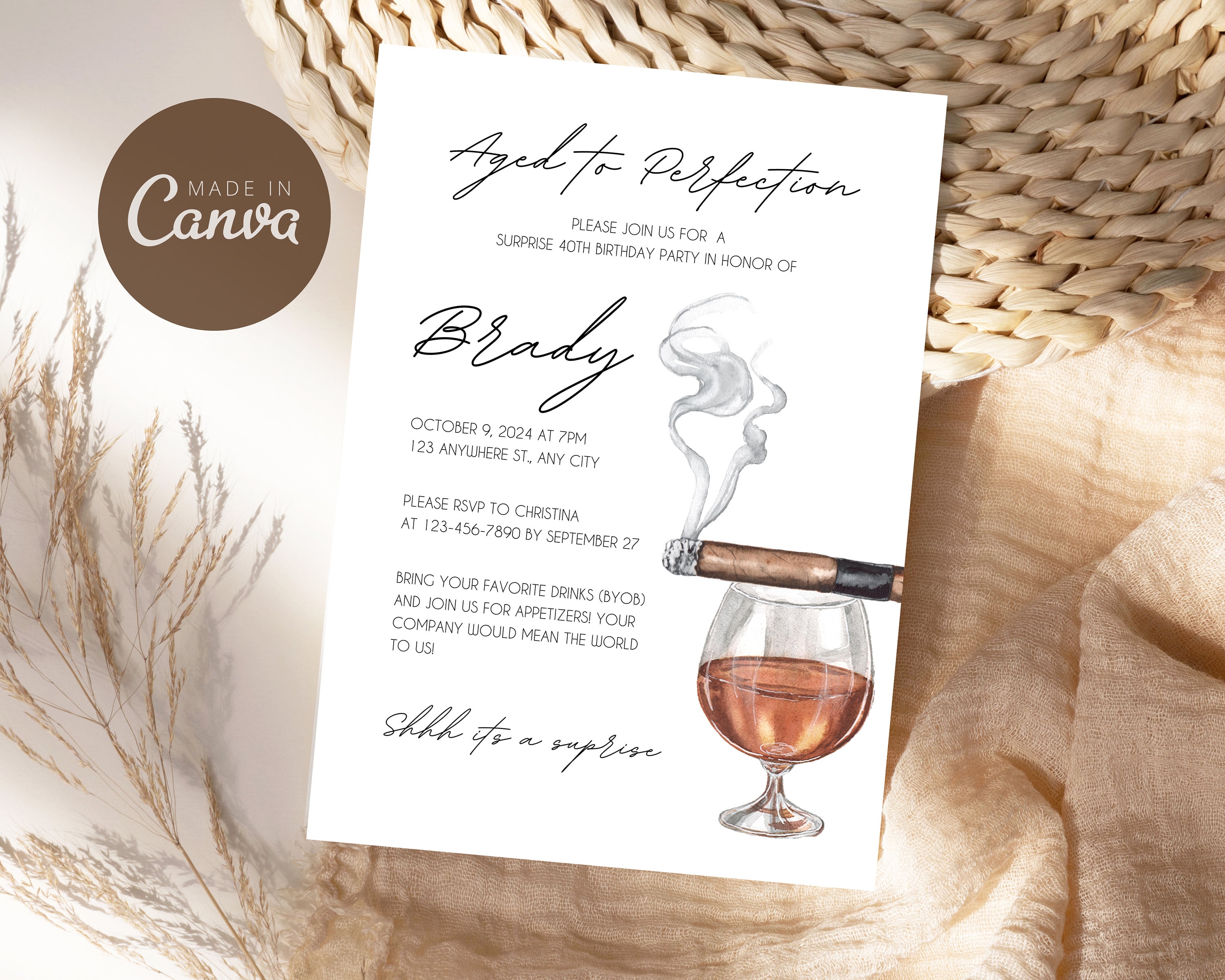 Whiskey & Cigars Birthday Invitation, Aged to Perfection Mens Rustic ...