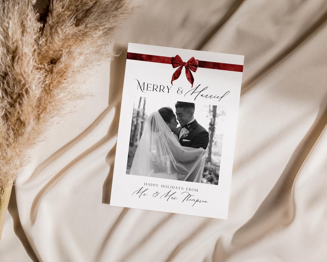 Merry and Married Christmas Card, Newlywed Holiday Photo Card, Red ...
