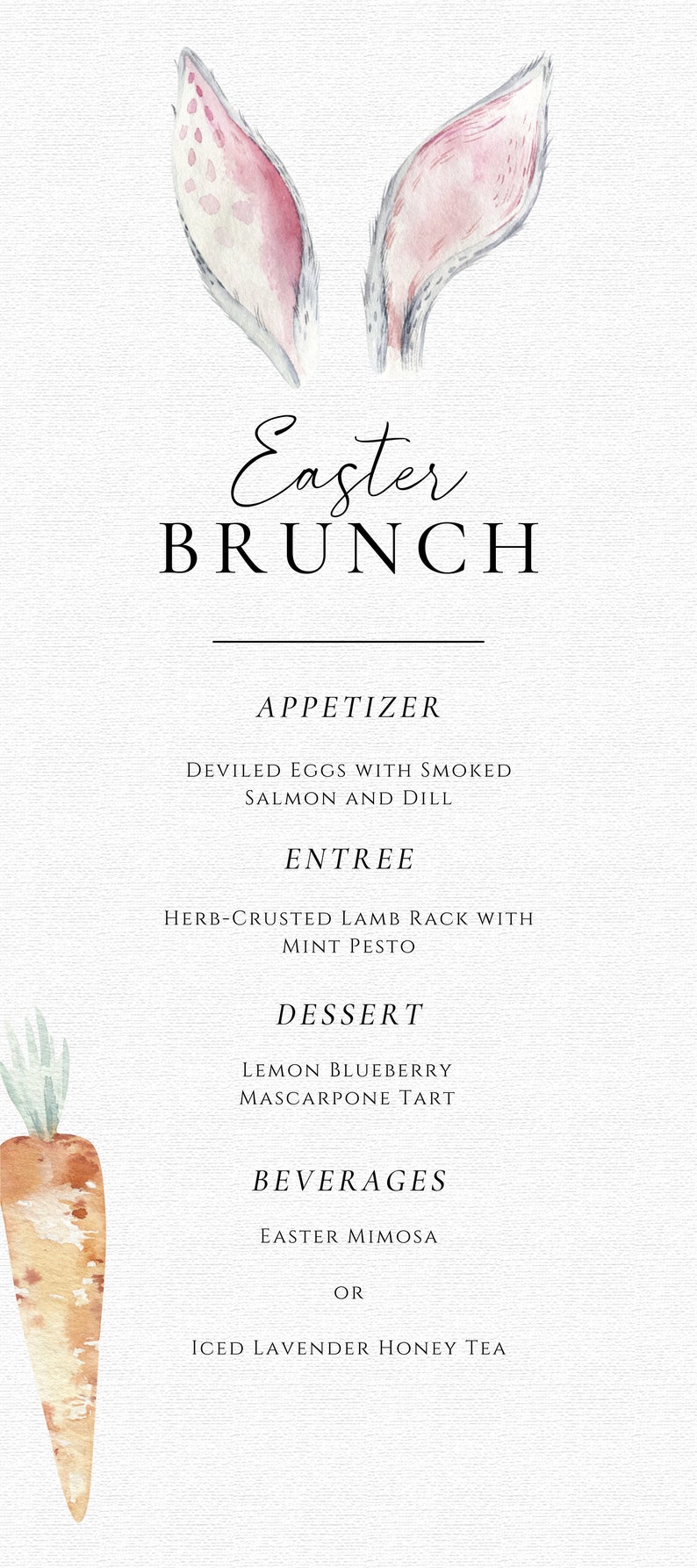 Easter Brunch Menu Card Template, Watercolor Bunny Spring Celebration ...