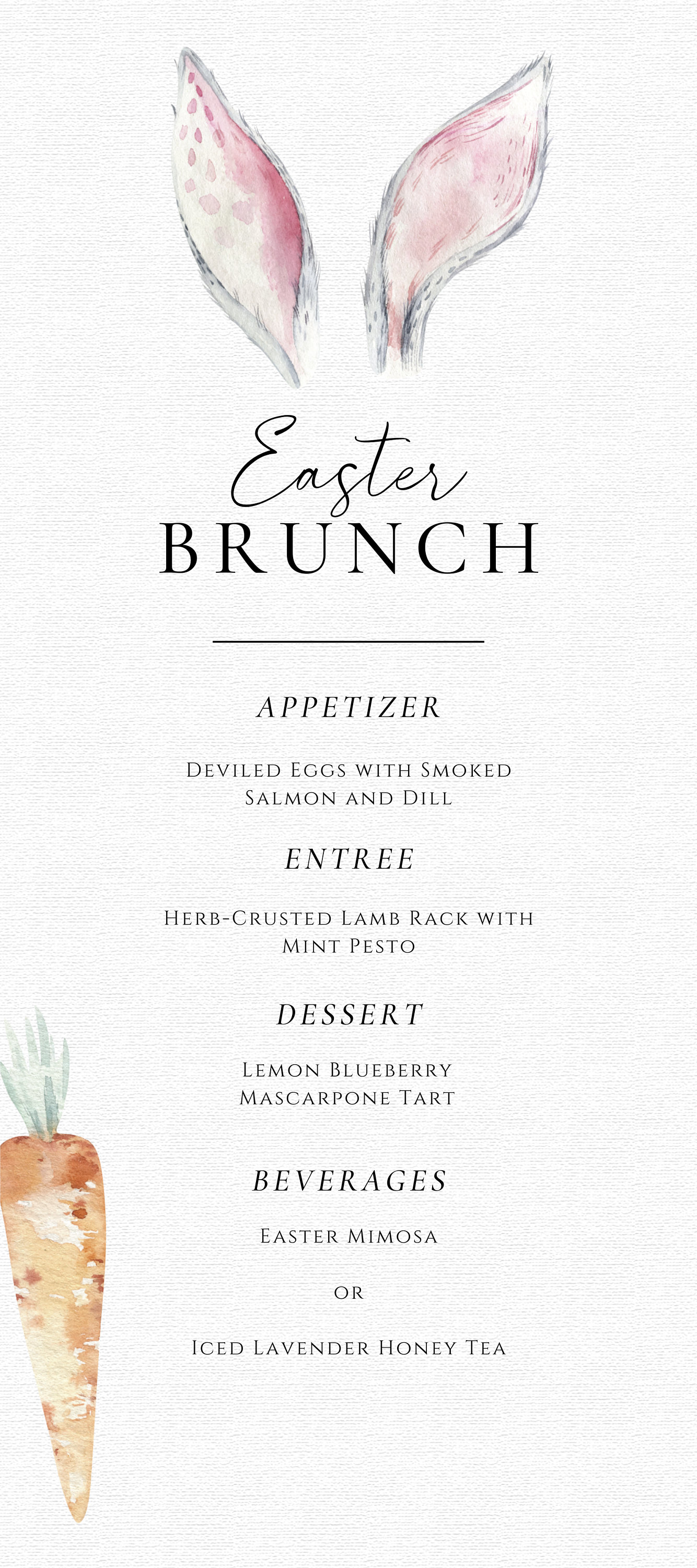 Easter Brunch Menu Card Template, Watercolor Bunny Spring Celebration ...