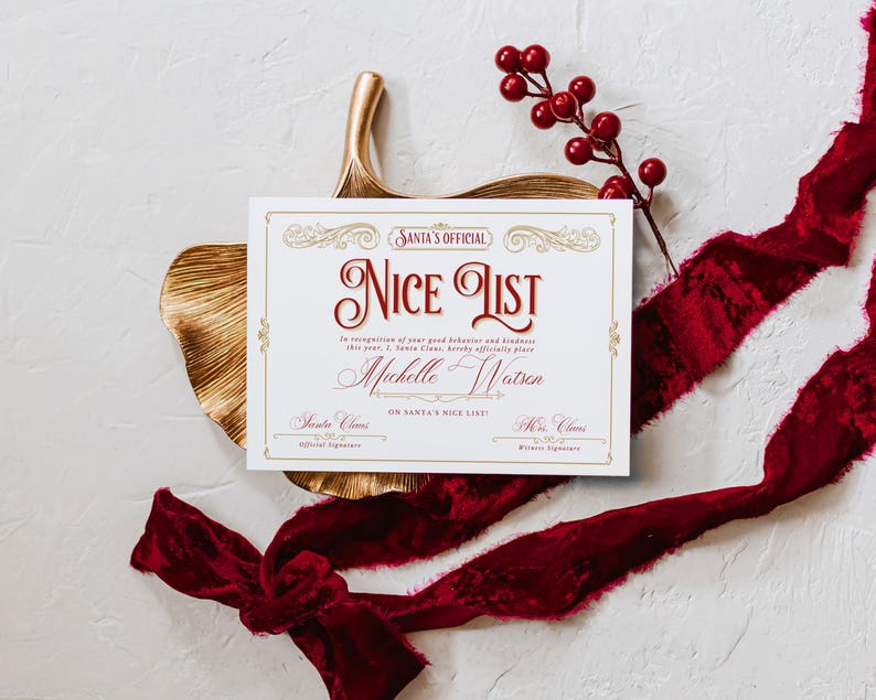 Santa’s Nice List Certificate, Personalized Christmas Award, Printable ...